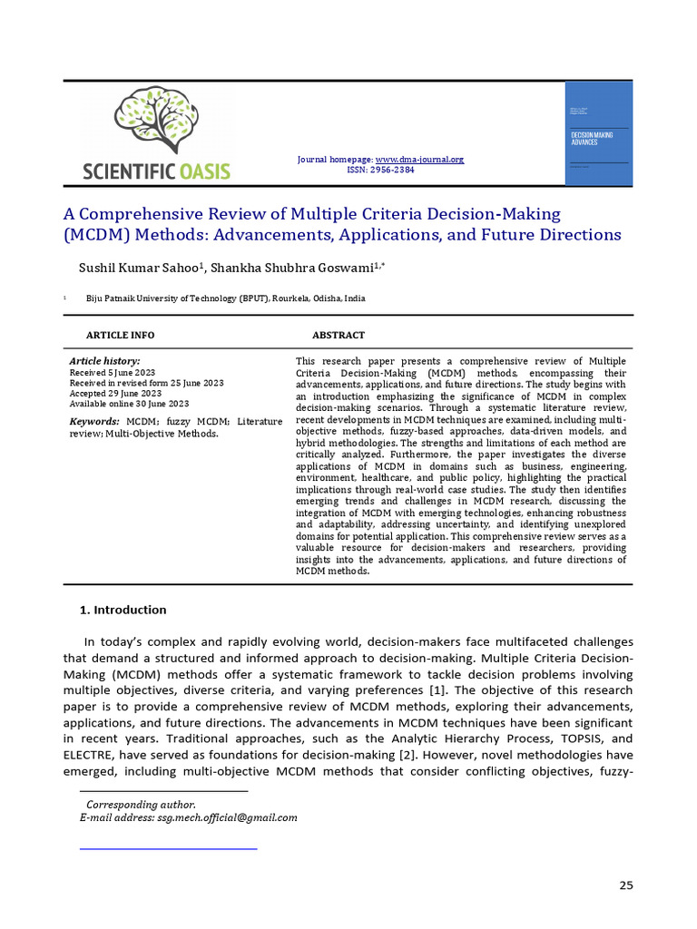 6-A Comprehensive Review of Multiple Criteria Decision-Making methods-Sahoo, Goswami 2023 | PDF ...