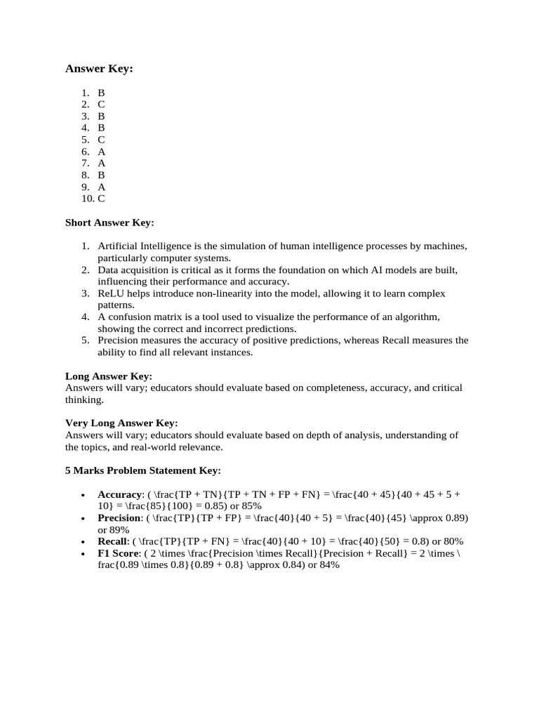 AI Exam Answer Key | PDF