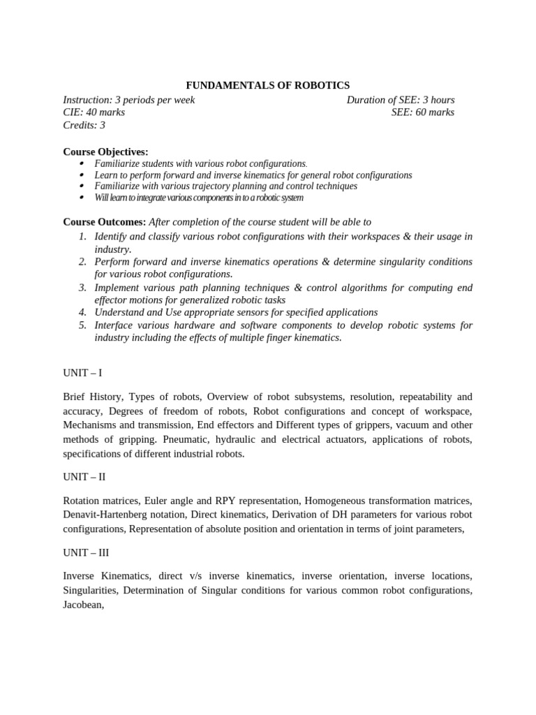 FUNDAMENTALS OF ROBOTICS SYLLABUS 01082023a | PDF | Robotics | Kinematics