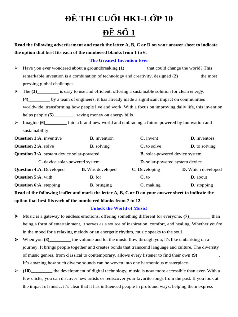 CK1 LỚP 10 ĐỀ 1 | PDF | Educational Technology