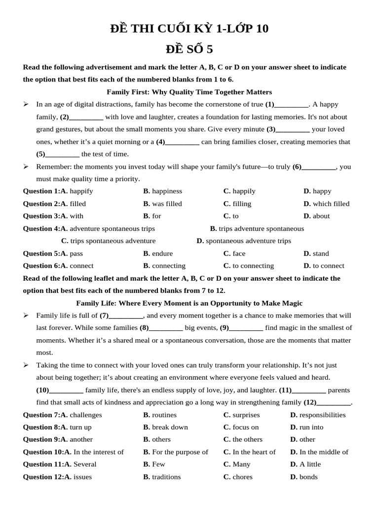 CK1 LỚP 10 ĐỀ 5 | PDF | Extraversion And Introversion | Community