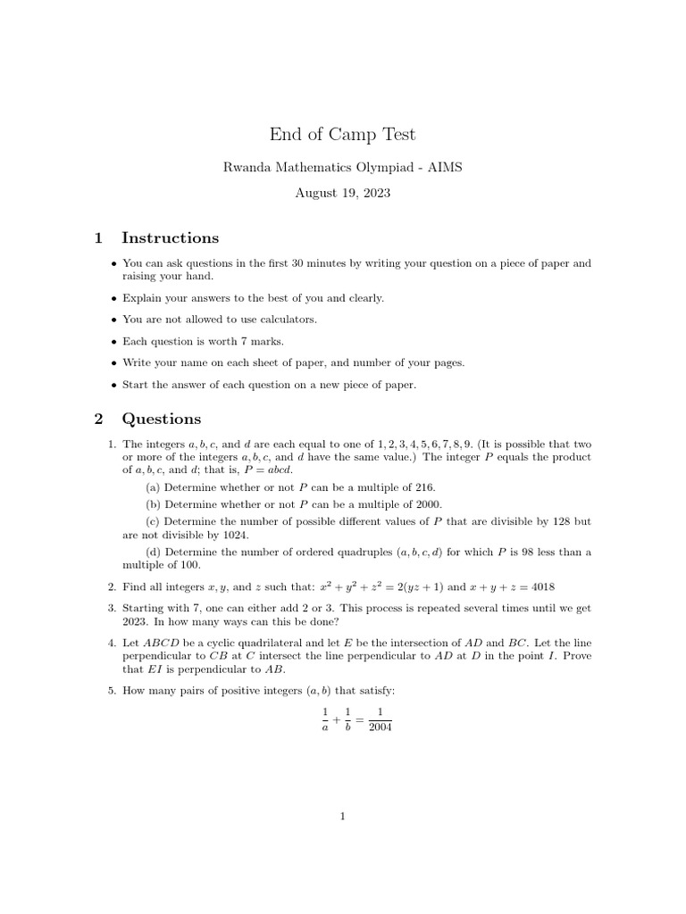 End of Camp Test Camp 2 Level 2 | PDF