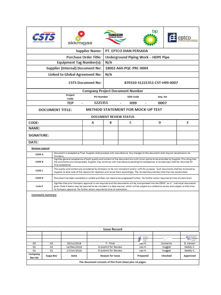Method Statement for HDPE Mock-Up Test | PDF | Pipe (Fluid Conveyance ...