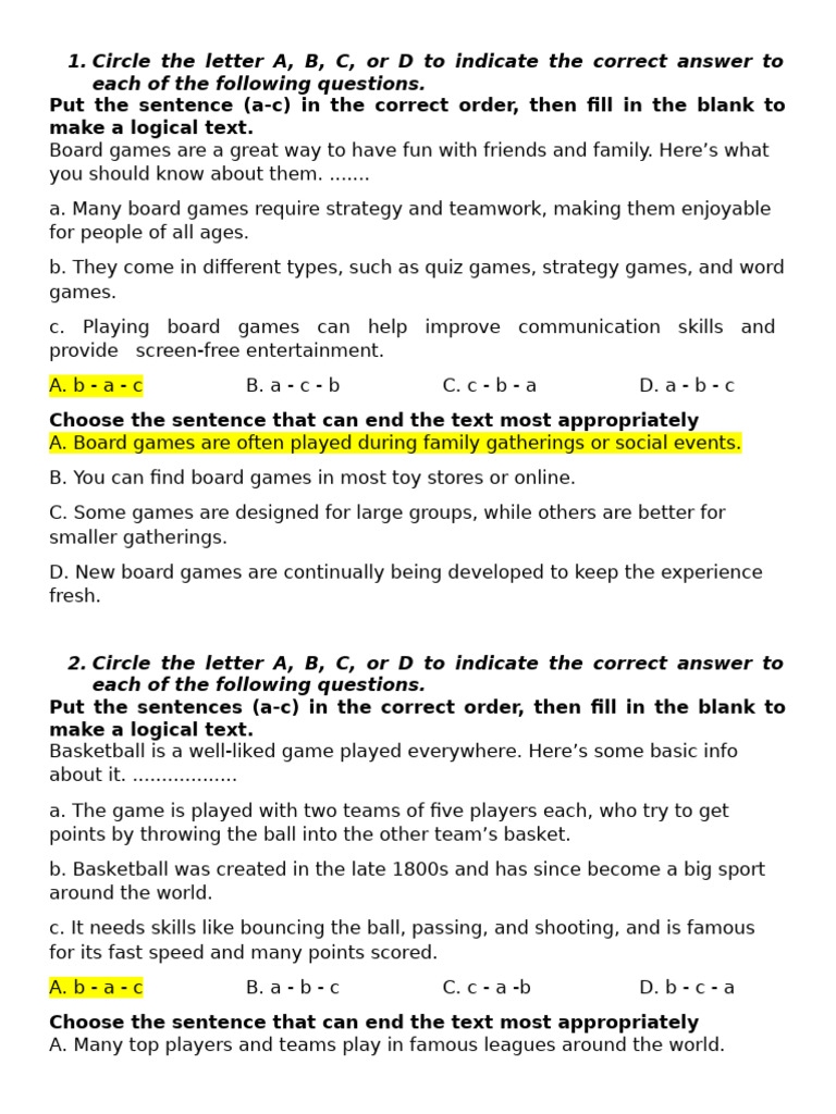 Logical Text Order and Completion Quiz | PDF | Healthy Diet | Video Games