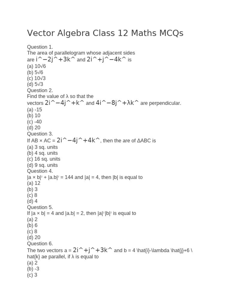 Vector Algebra Class 12 Maths MCQs | PDF | Euclidean Vector | Angle