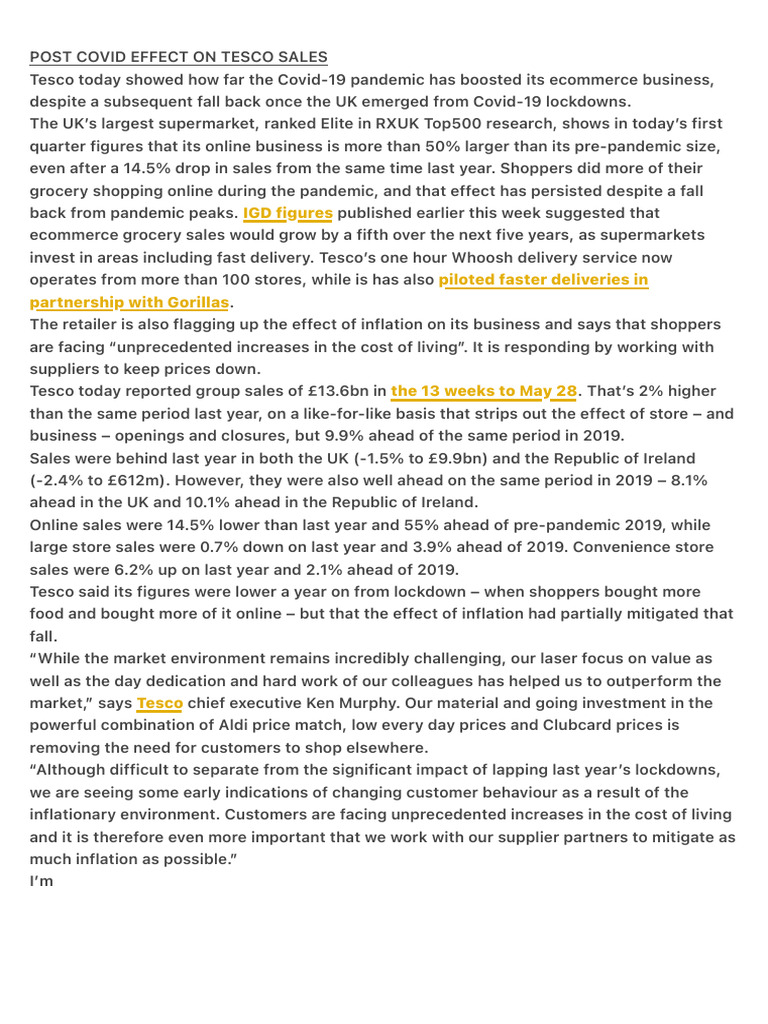 Post-COVID Impact on Tesco Sales | PDF | Cost Of Living | Tesco