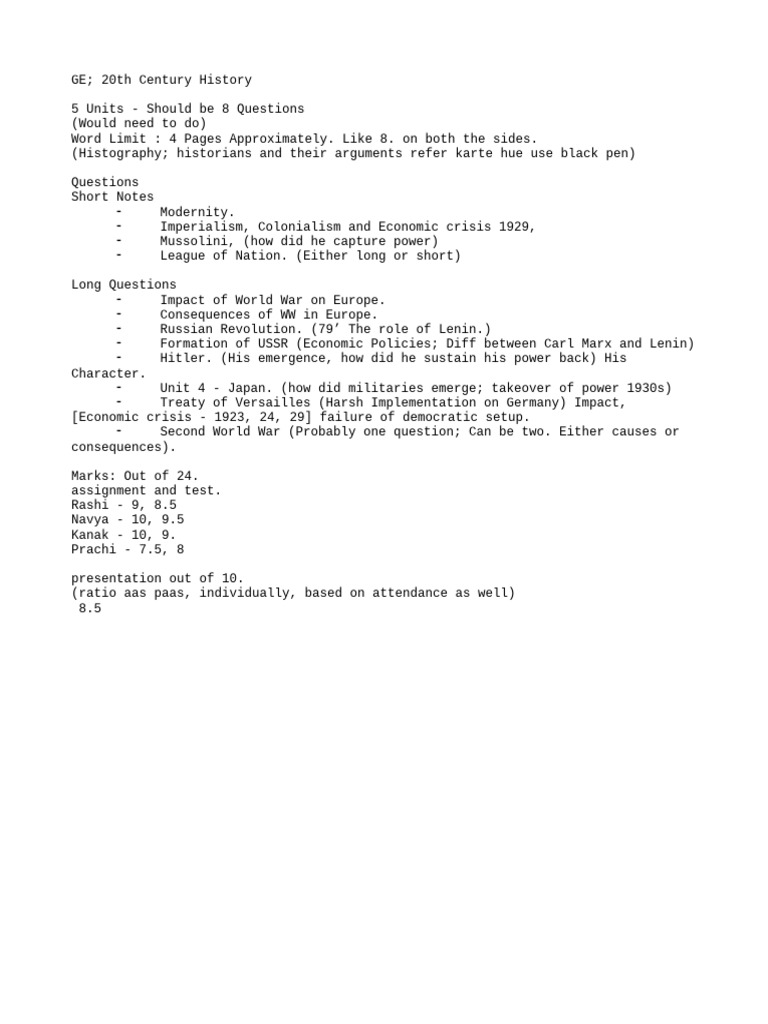 20th Century History Exam Guide | PDF