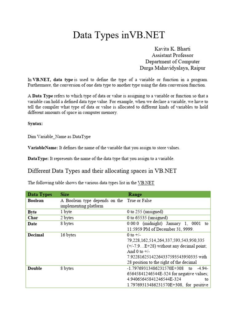 Data Types in Vb.net | PDF | Data Type | Integer (Computer Science) Data Types in Vb.net | PDF | Data Type | Integer (Computer Science)