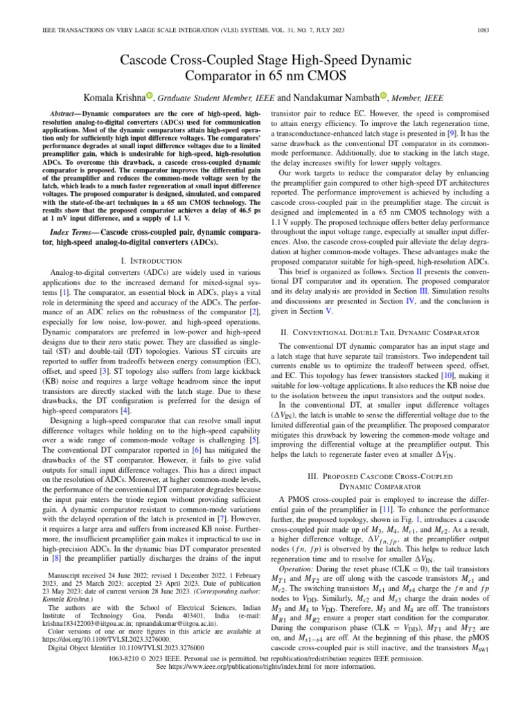 F.23.Cascode Cross-Coupled Stage High-Speed Dynamic Comparator in 65 NM CMOS | PDF | Analog To ...