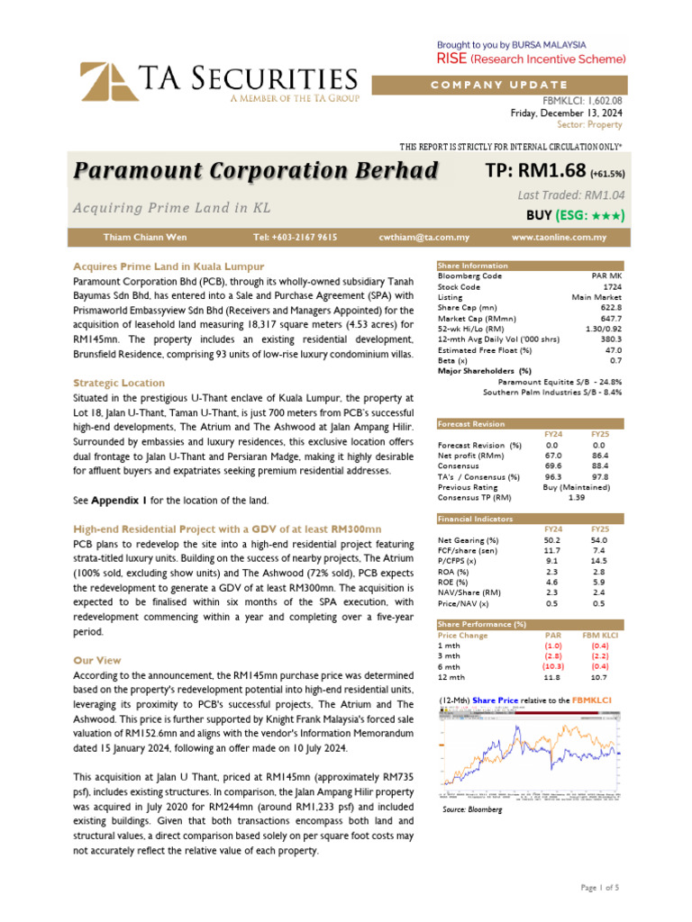 Paramount Corporation Berhad: TP: RM1.68 | PDF | Equity (Finance) | Stocks