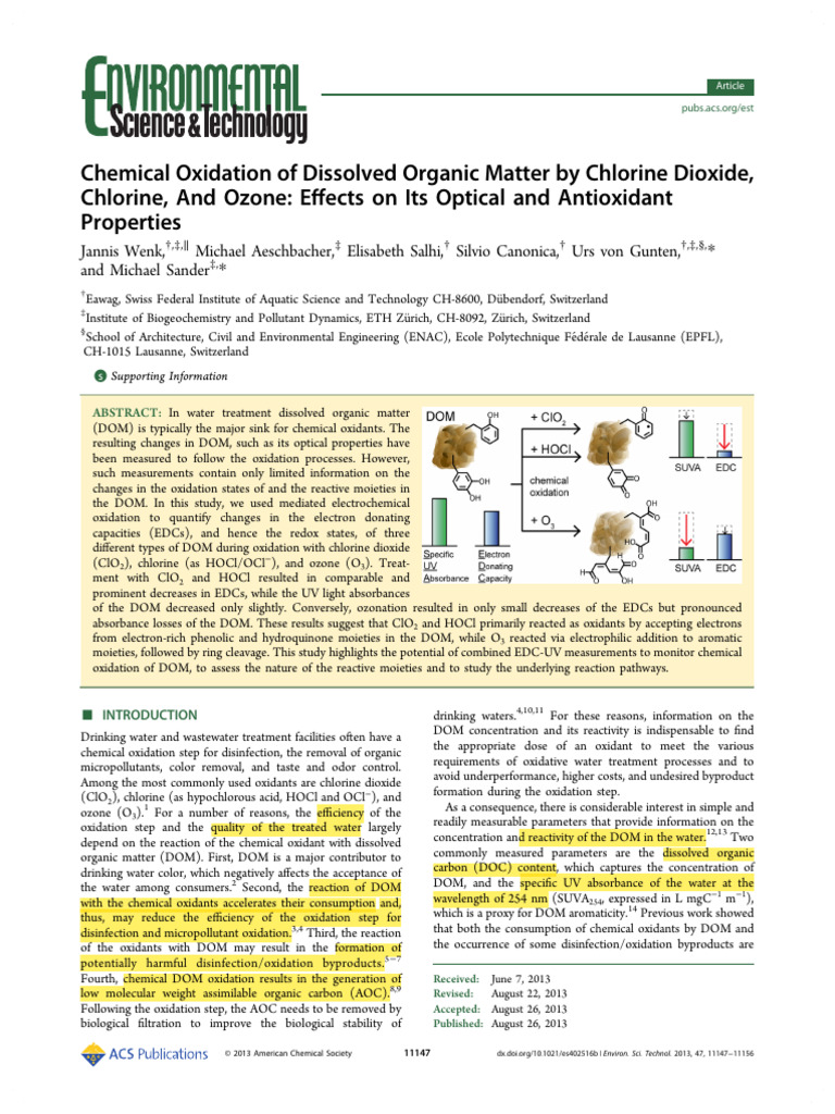 Oxidation of DOM by Chlorine and Ozone | PDF | Redox | Chemical Reactions