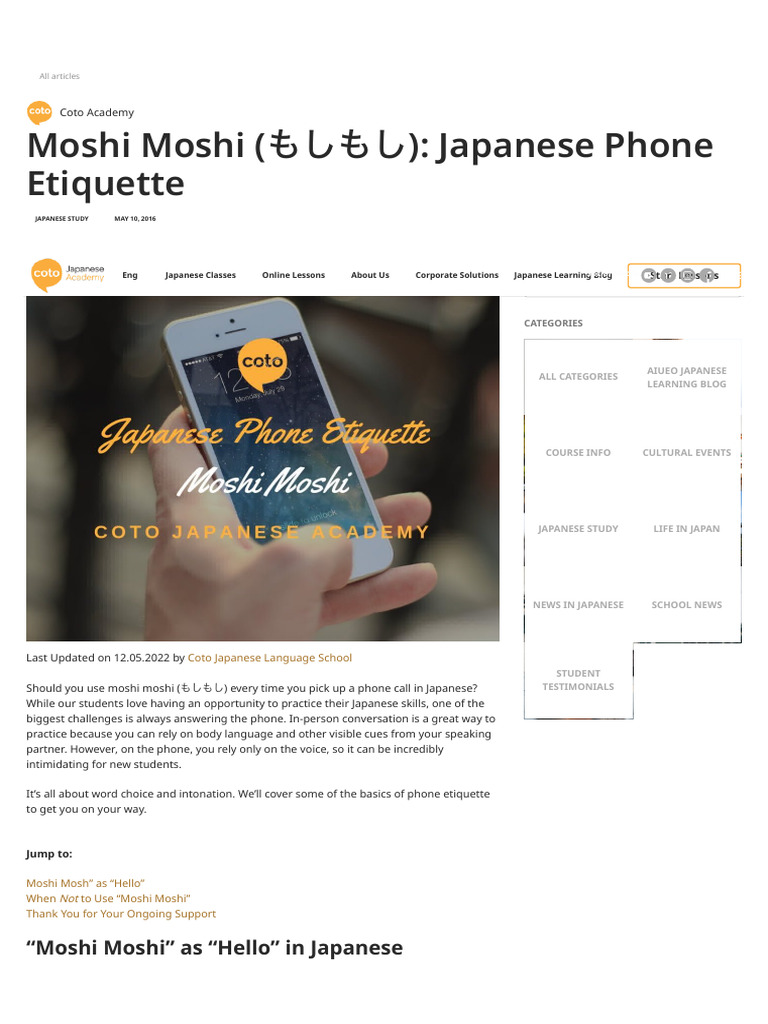 Moshi Moshi Japanese Phone Etiquette Coto Academy | PDF | Japanese Language | Human Communication
