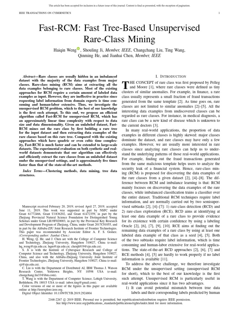 Fast-RCM Fast Tree Based Unsupersived Rare Class Mining | PDF | Mode (Statistics) | Cluster Analysis