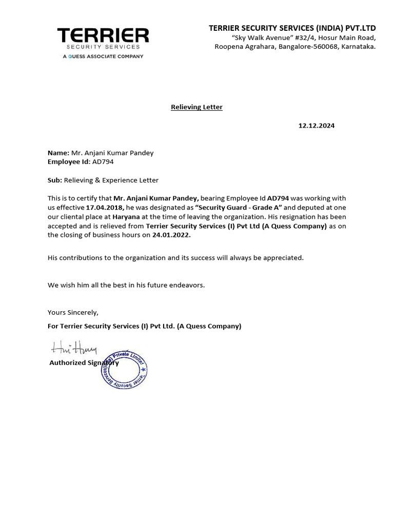 Security Guard Relieving Letter | PDF