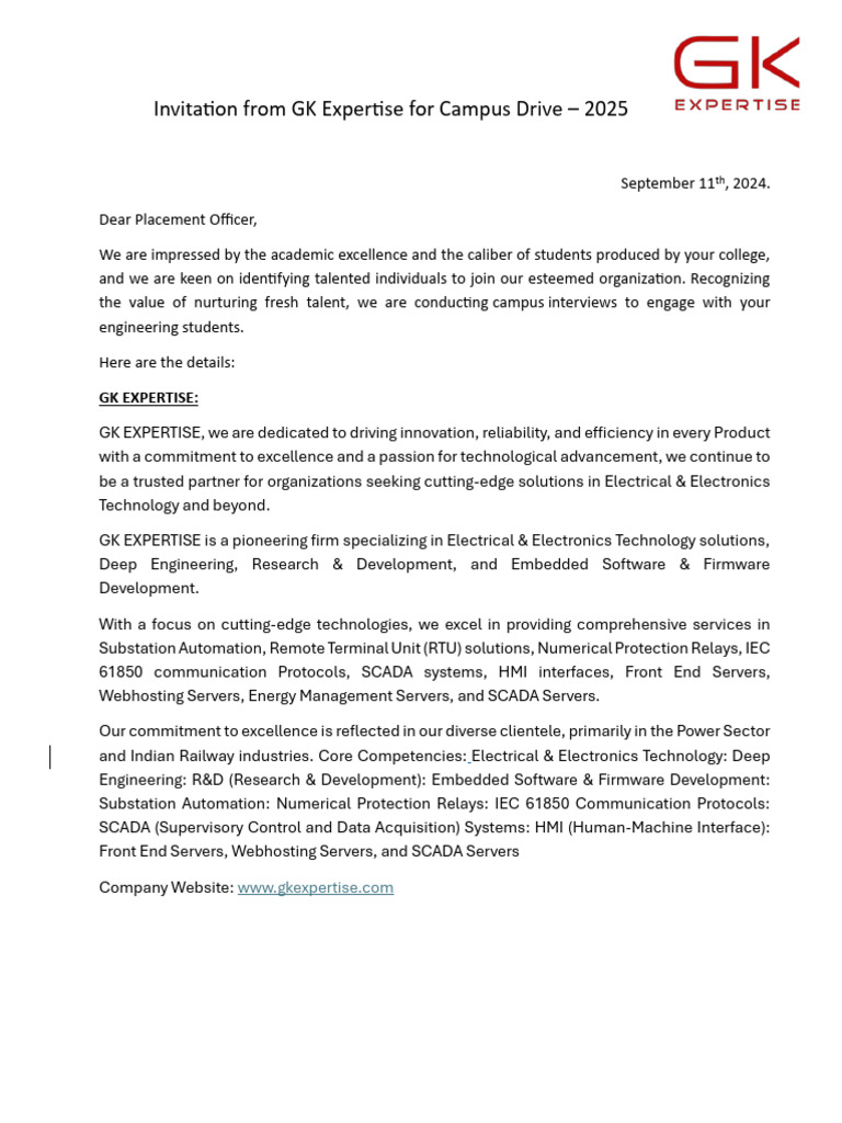 Invitation from GK Expertise for Campus Drive - 2025 | PDF | Scada ...