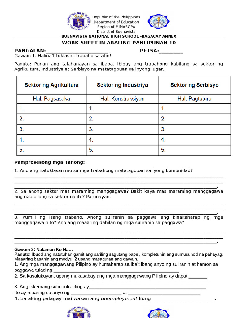 Worksheets in AP10 | PDF