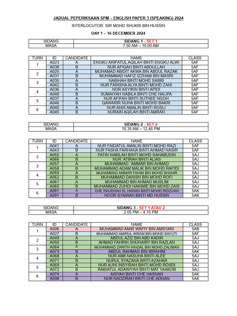 SPM 2024 English Speaking Exam Schedule | PDF