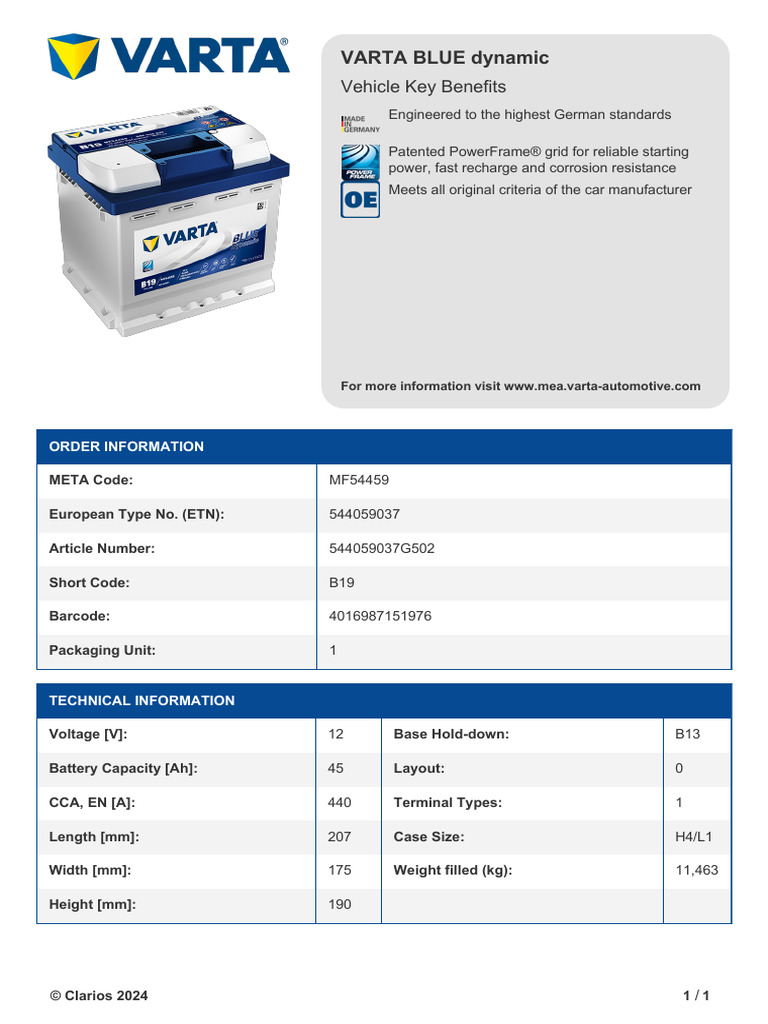 VARTA B19 Battery TDS | PDF