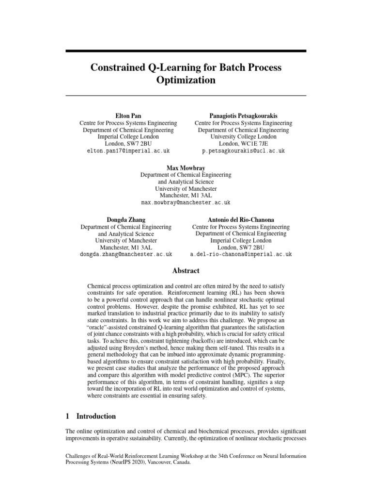 2020_CONSTRAINED Q LEARNING FOR BATCH PROCESS OPTIMIZATION | PDF | Mathematical Optimization ...