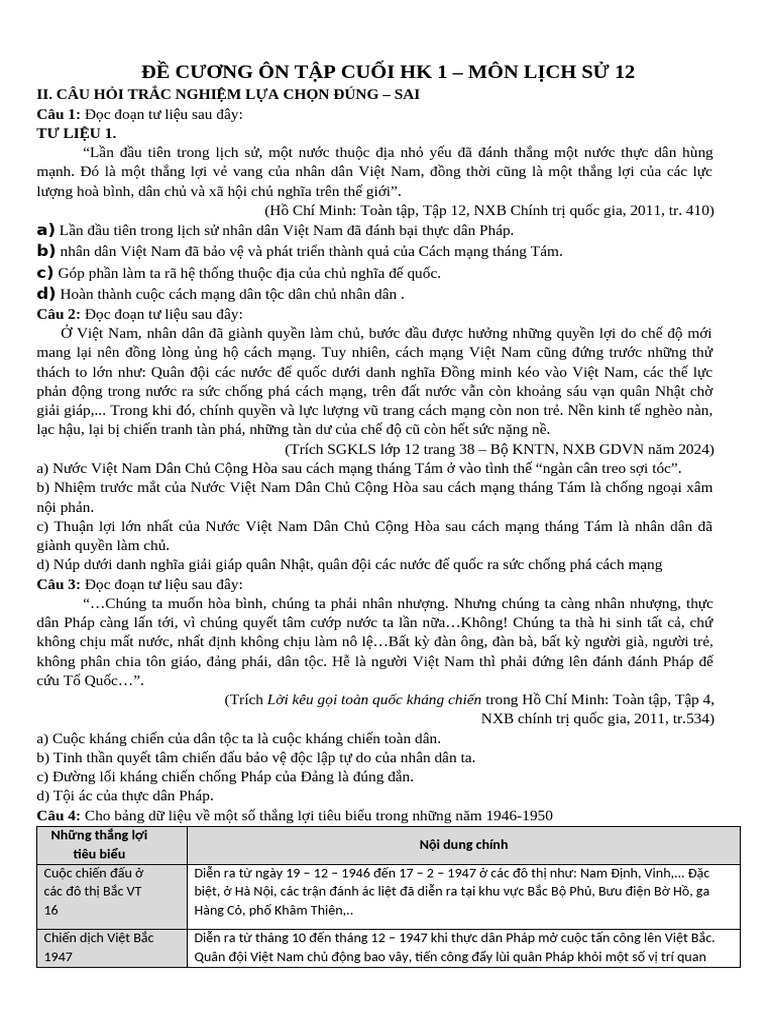 ĐỀ CƯƠNG ÔN TẬP CUỐI HK1 MÔN LS12 (HS) | PDF