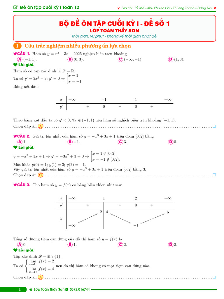 Giải Chi Tiết 4 Đề Ôn HK1 Toán 12 | PDF