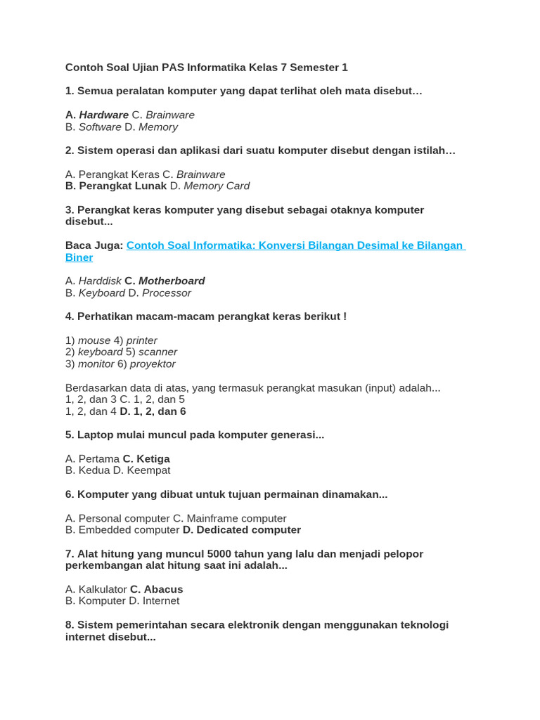 Contoh Soal Ujian PAS Informatika Kelas 7 Semester 1 | PDF