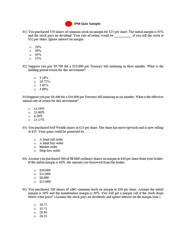 IPM Quiz Sample | PDF | Margin (Finance) | Stocks