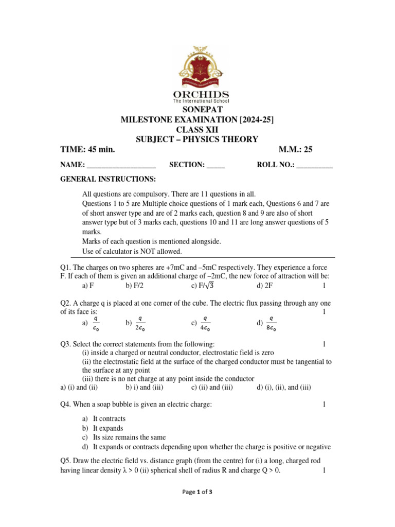 Physics Milestone Exam Class XII QP 2024-25 | PDF | Capacitor | Capacitance