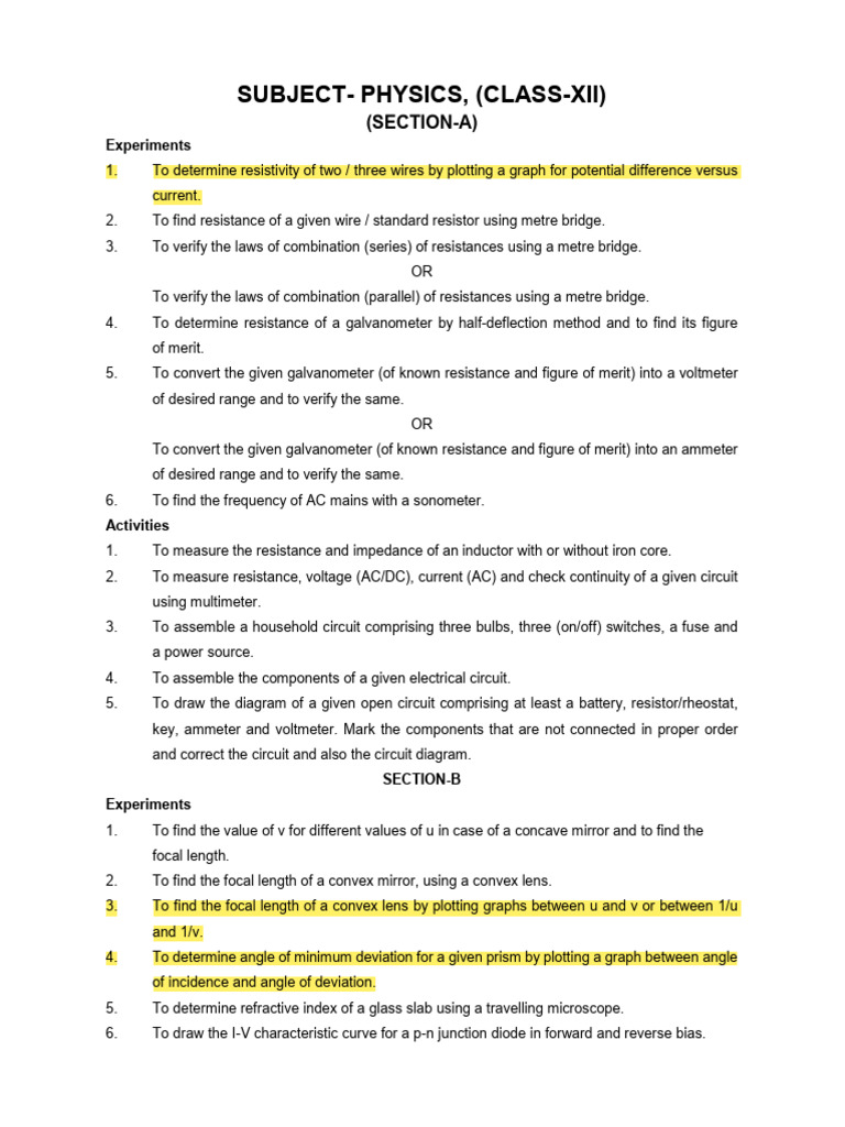 Physics Experiments and Activities for Class XII | PDF | Electrical ...