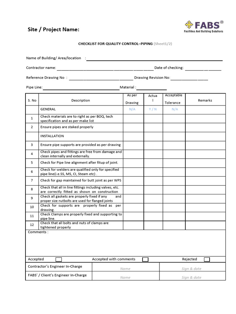 Checklist_ Quality Control Piping | PDF | Pipe (Fluid Conveyance) | Gas ...