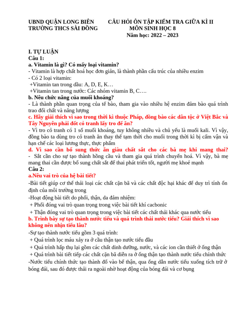 Nd Ôn Tập Giữa Kì 2 Sinh 8 Nh22-23 | PDF