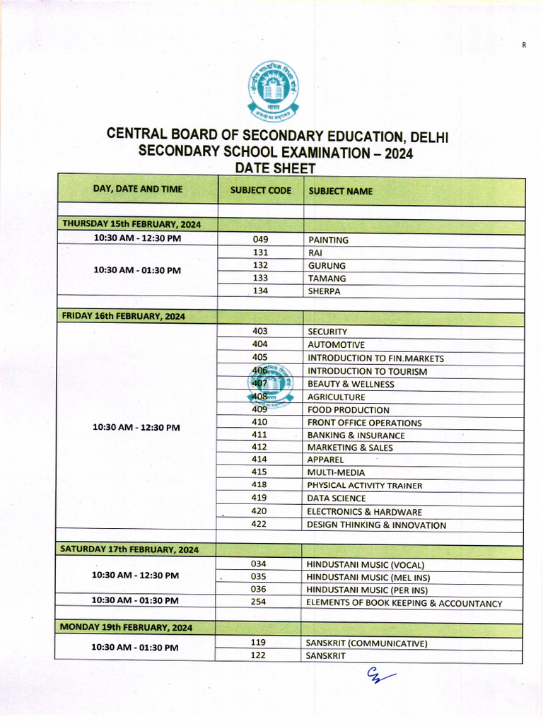 Date Sheet Class X Revised 03012024 | PDF