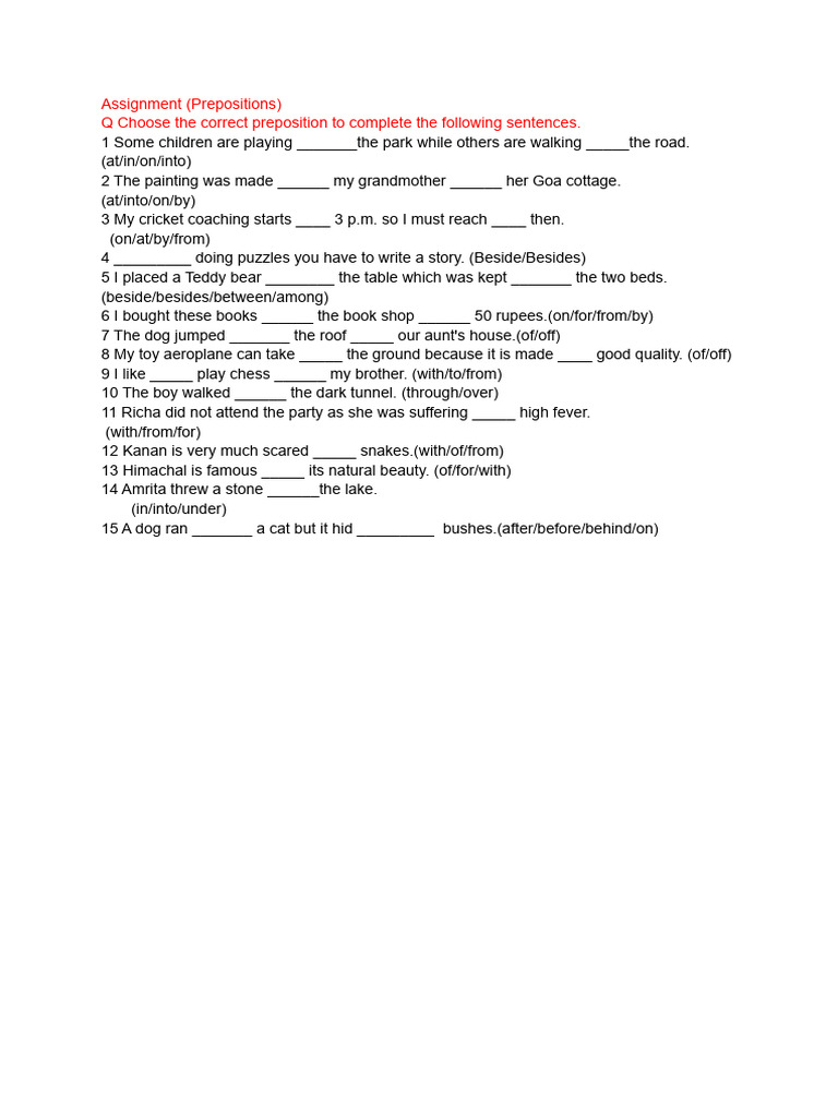 Assignment (Prepositions) | PDF