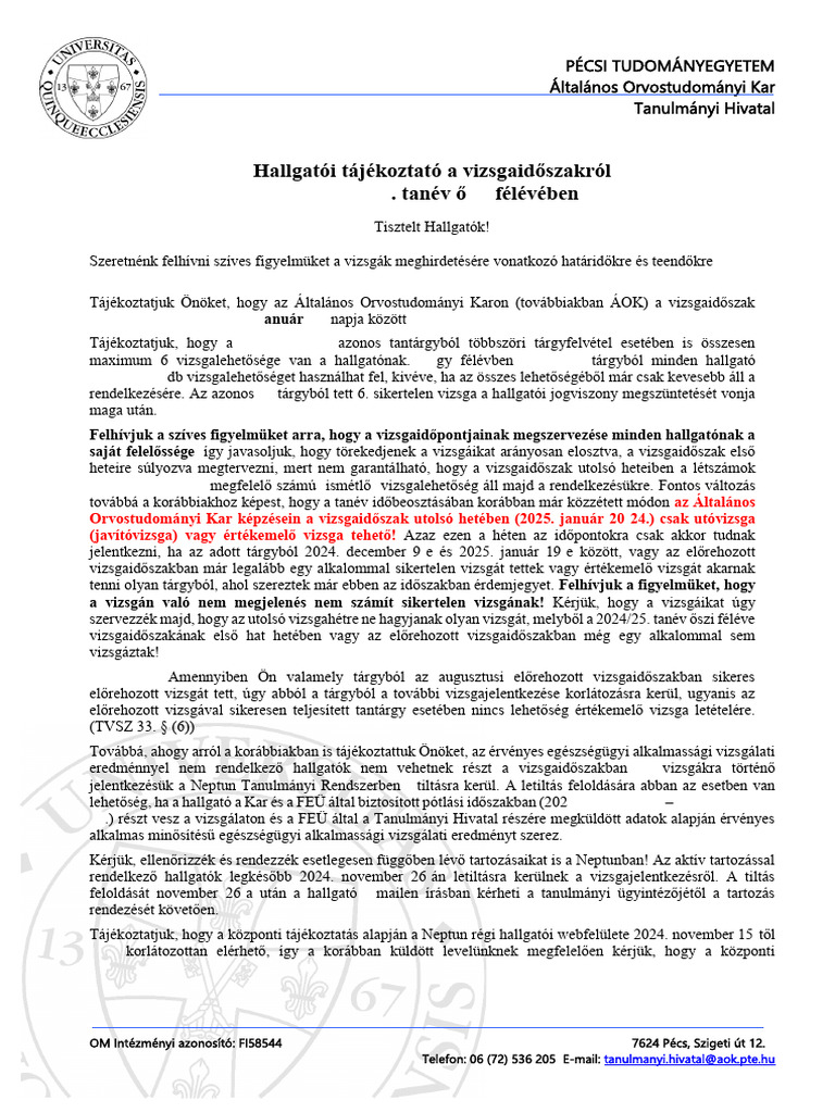 Vizsgaidoszak Hallgatoitaj 202425 Osz AOK HUN-1 | PDF