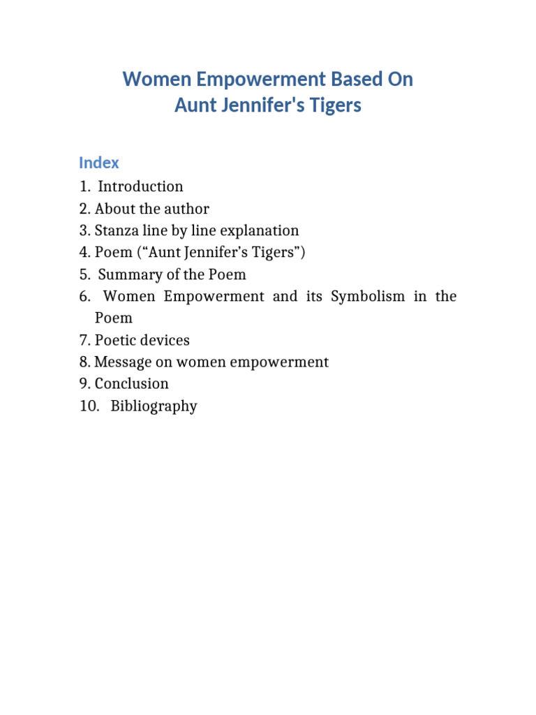 Women Empowerment in Aunt Jennifer's Tigers | PDF | Poetry | Patriarchy