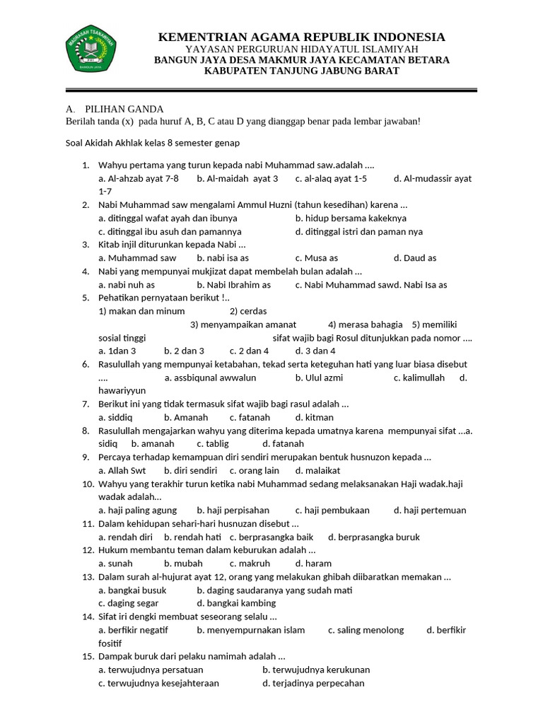 Soal Akidah Akhlak Kelas 8 SMTR 2 | PDF