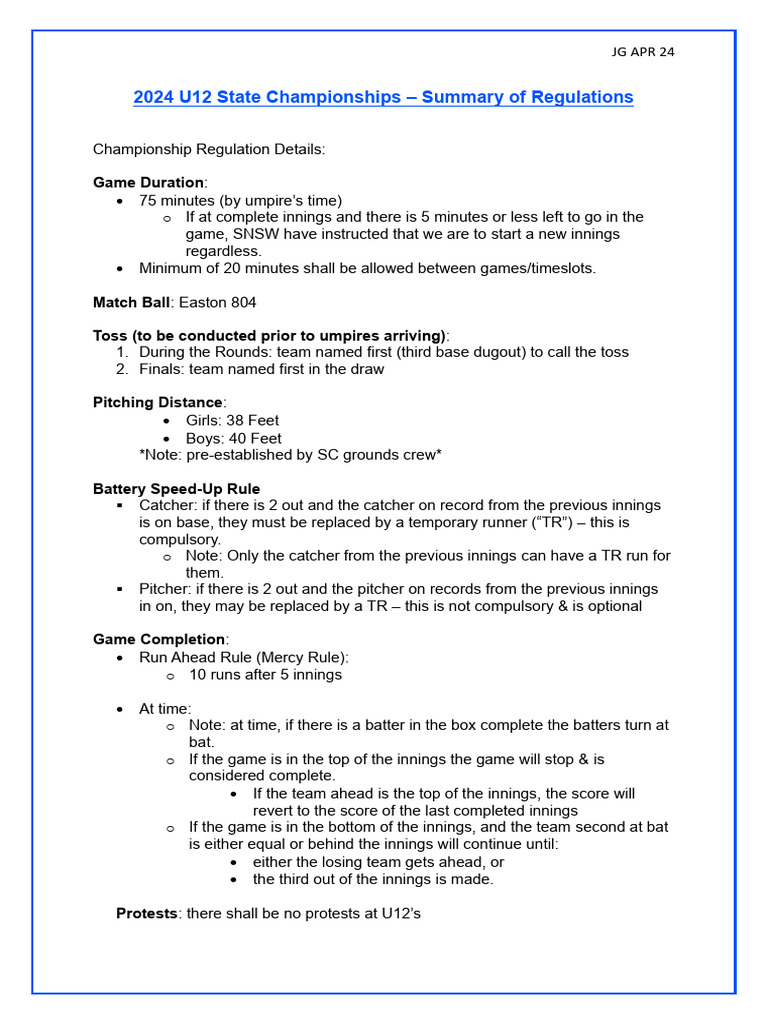 2024-U12-State-Championships-Summary-of-SNSW-Championship-Regulations_ | PDF | Baseball Field ...