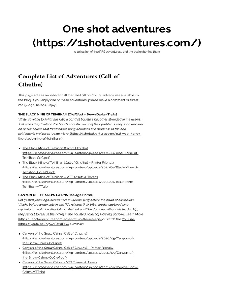 Complete List of Adventures (Call of Cthulhu) - One Shot Adventures | PDF