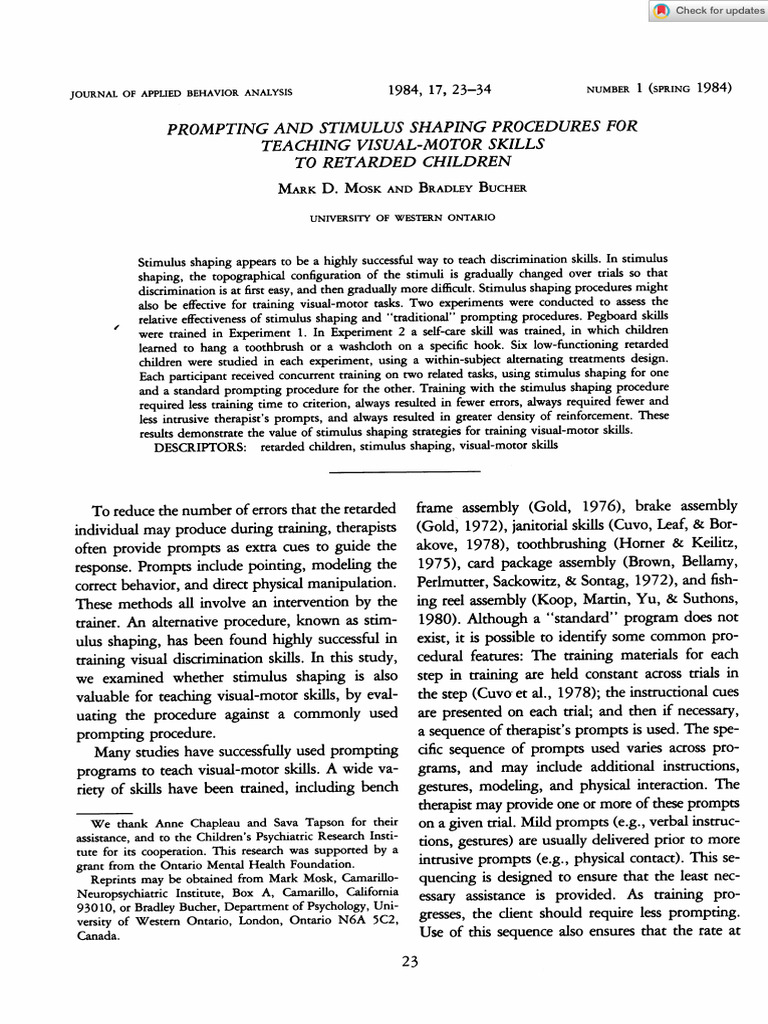J of App Behav Analysis - Spring 1984 - Mosk - PROMPTING AND STIMULUS SHAPING PROCEDURES FOR ...