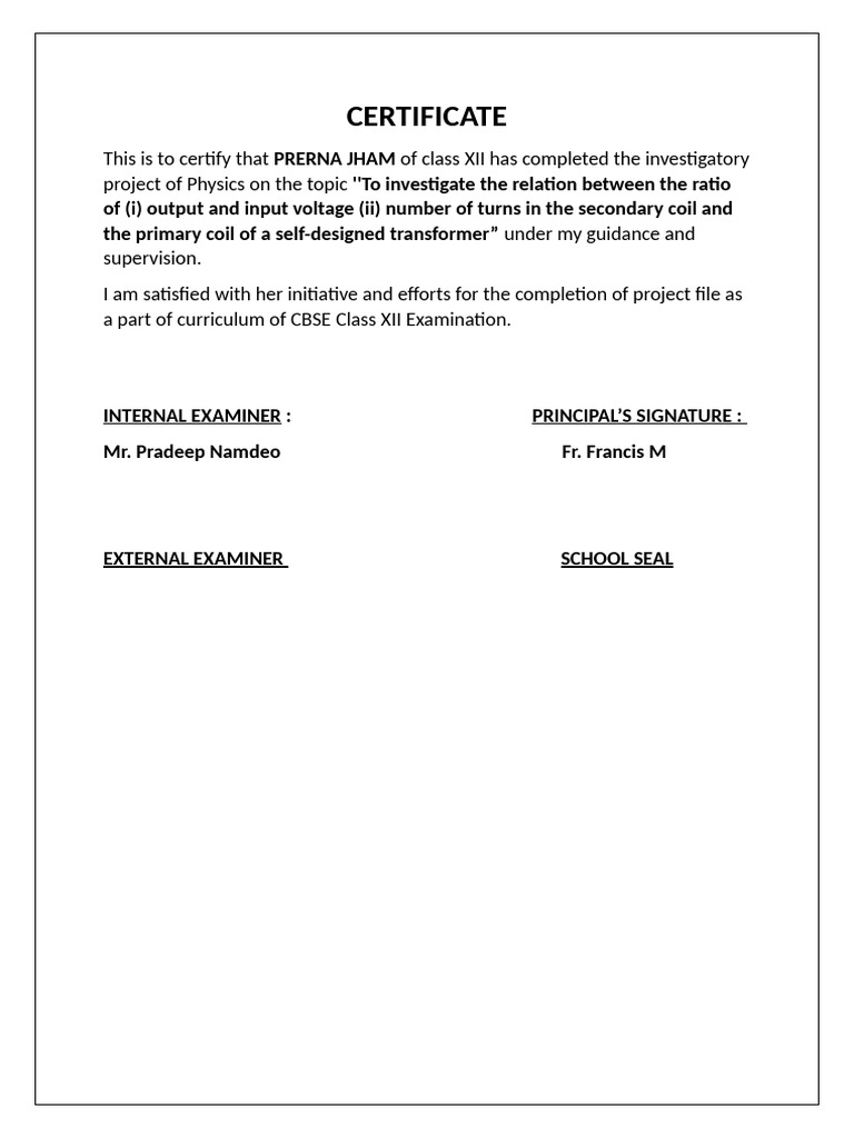Certificate for Physics Project Completion | PDF