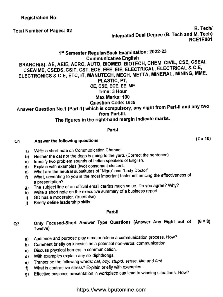 Btech 1 Sem Communicative English Rce1e001 2023 | PDF