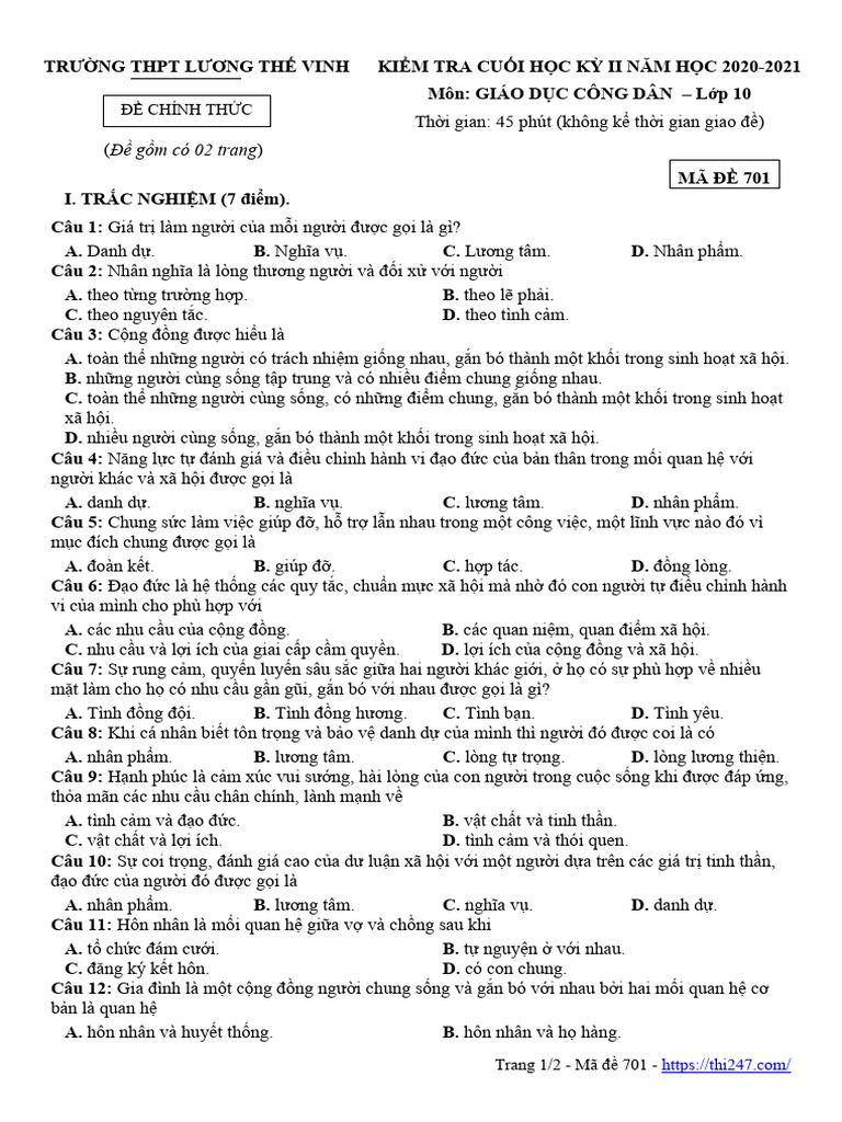 De Hoc Ky 2 GDCD 10 Nam 2020 2021 Truong THPT Luong The Vinh Quang Nam | PDF
