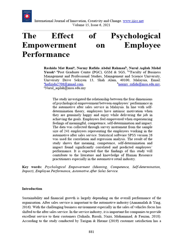 The Effect of Psychological Empowerment On Employee Performance | PDF | Empowerment | Cognition