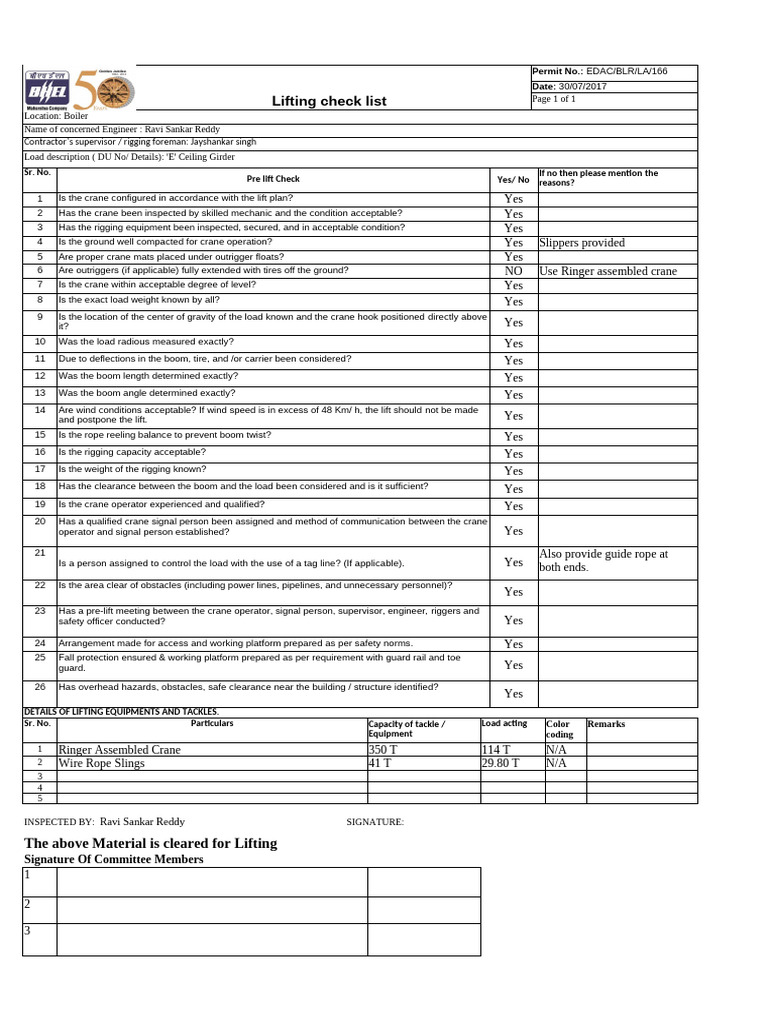 Lifting Checklist - E Ceiling Girder | PDF | Crane (Machine ...