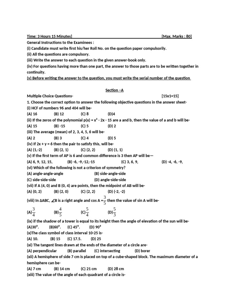 class 10 th modal paper | PDF | Circle | Area