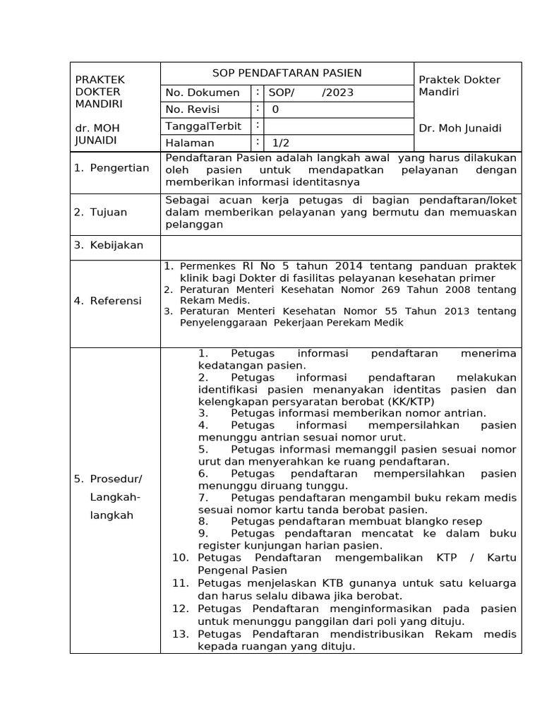 Sop Pendaftaran Praktek Dokter Mandiri | PDF