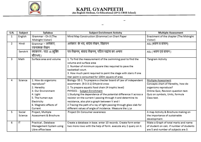 Class 10 Final Exam Activities Overview | PDF