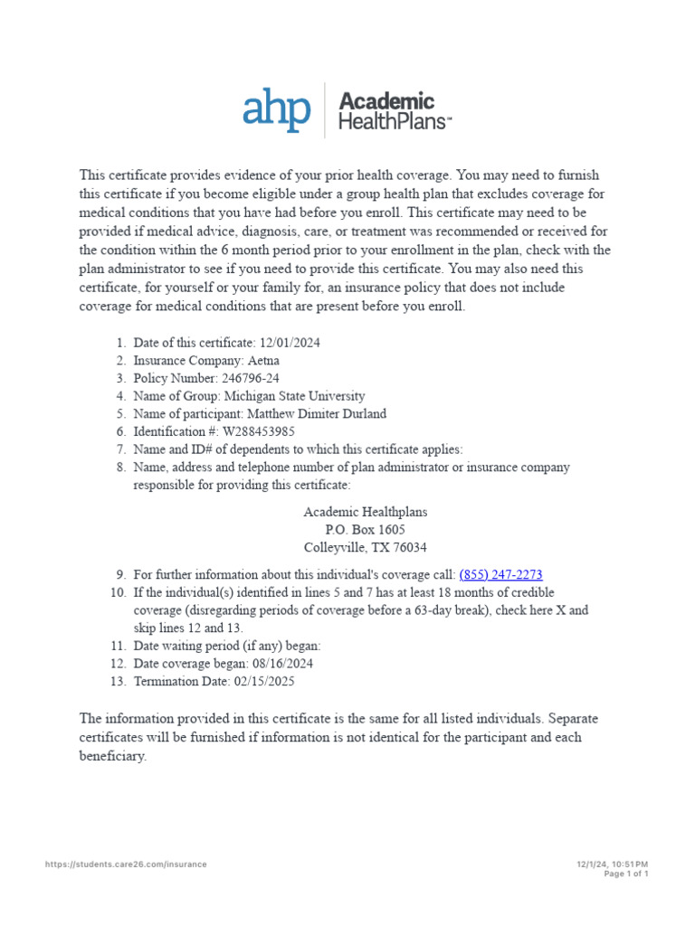 Certificate of Coverage for Health Insurance | PDF | Public Services ...