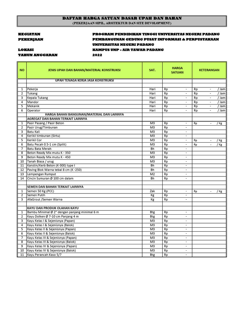 Daftar Harga Material Konstruksi UNP | PDF