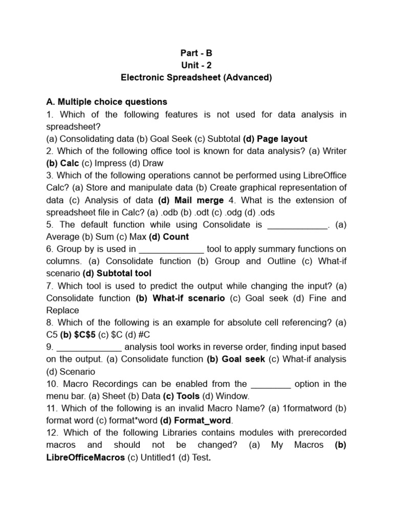 Part-B-Unit-2-Electronic Spreadsheet (Advanced) - MCQS and QA | PDF | Spreadsheet | Hyperlink